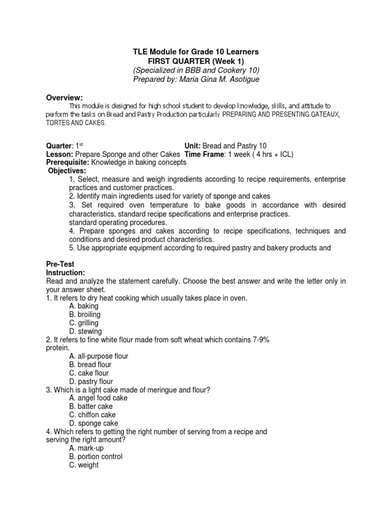 TLE Module For Grade 10 Learners First Quarter (Week 1) | PDF | Cakes ...
