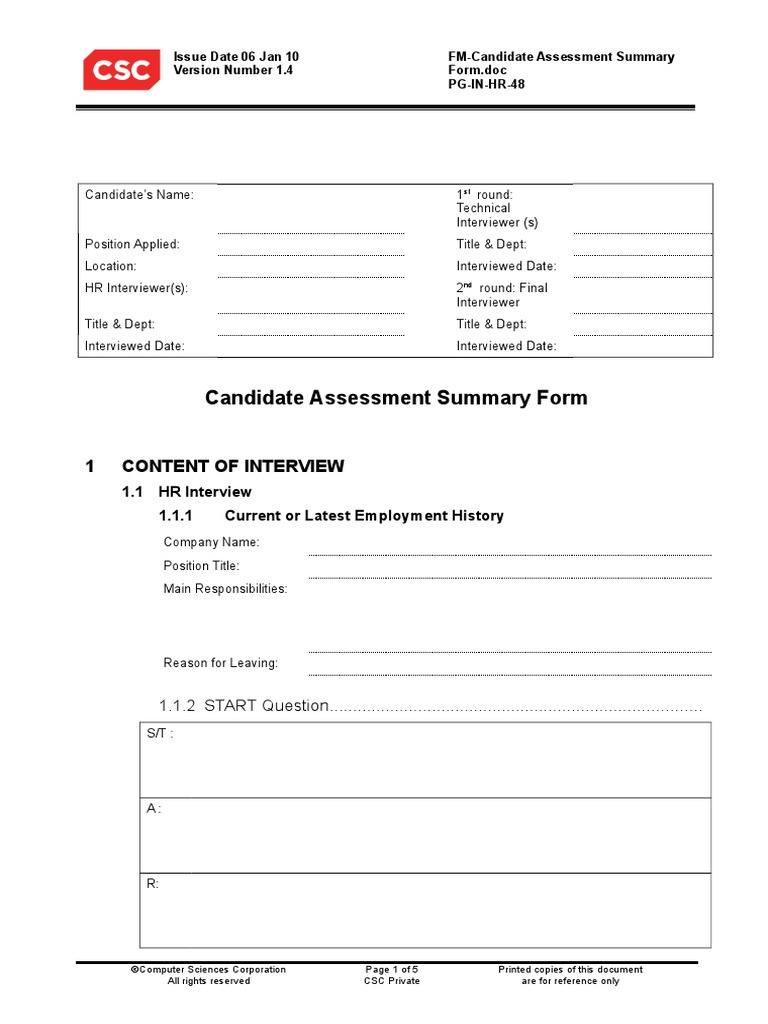 FM-Candidate Assessment Summary Form | PDF | Business