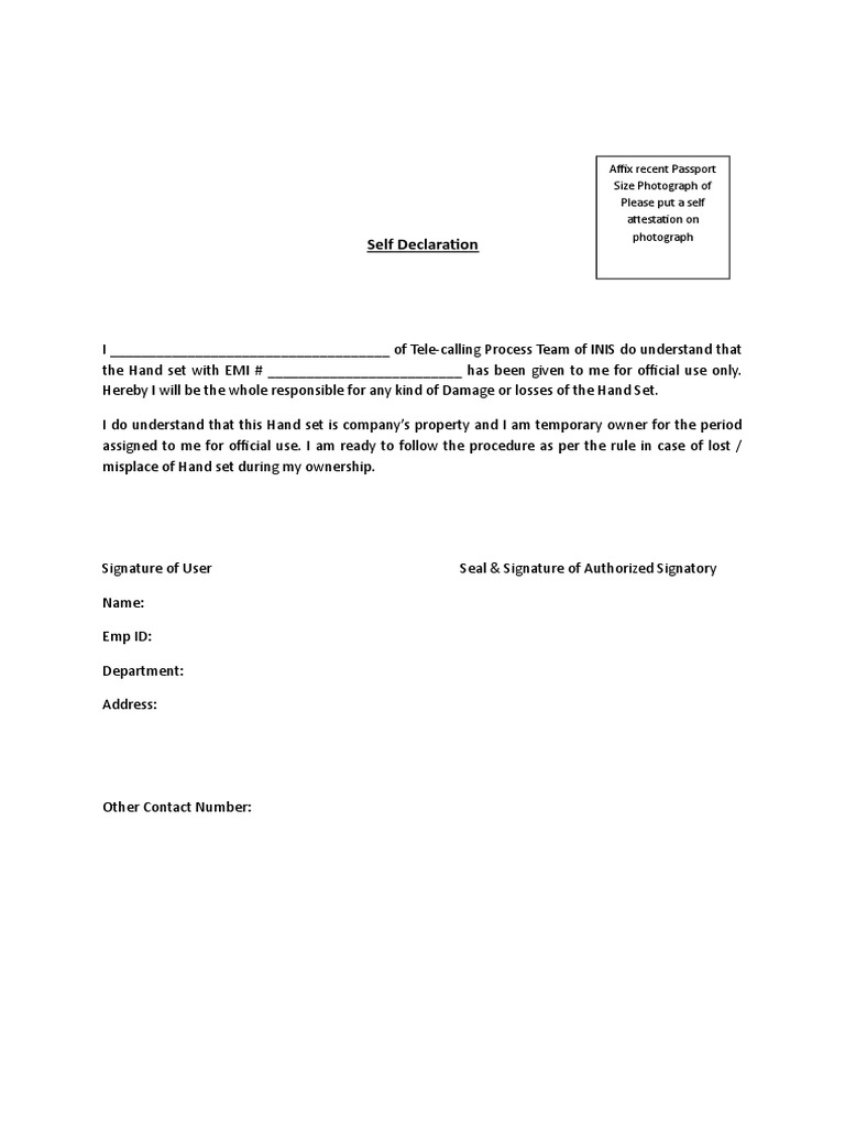 Mobile Handset Self Declaration Form | PDF