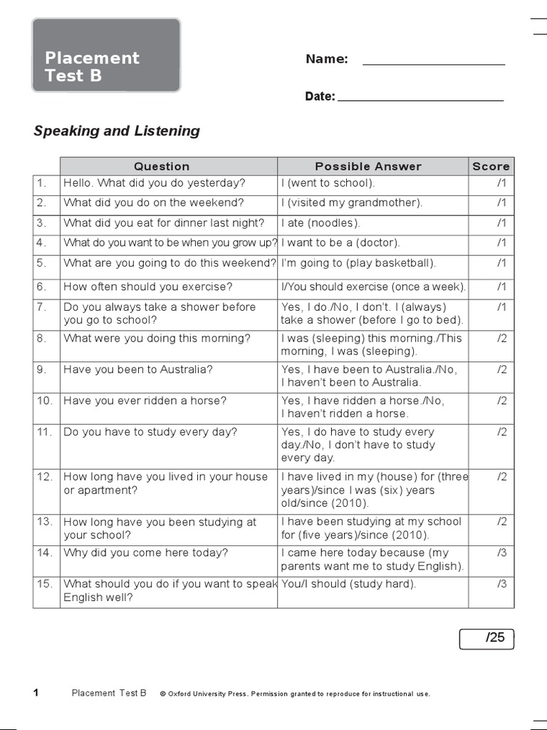 Placement Test B: Speaking and Listening | PDF