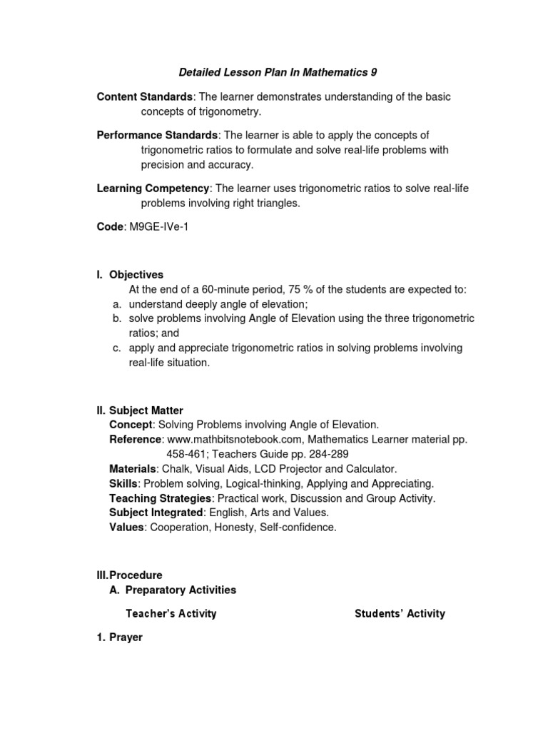 Detailed Lesson Plan Ko | PDF | Trigonometric Functions | Behavior ...