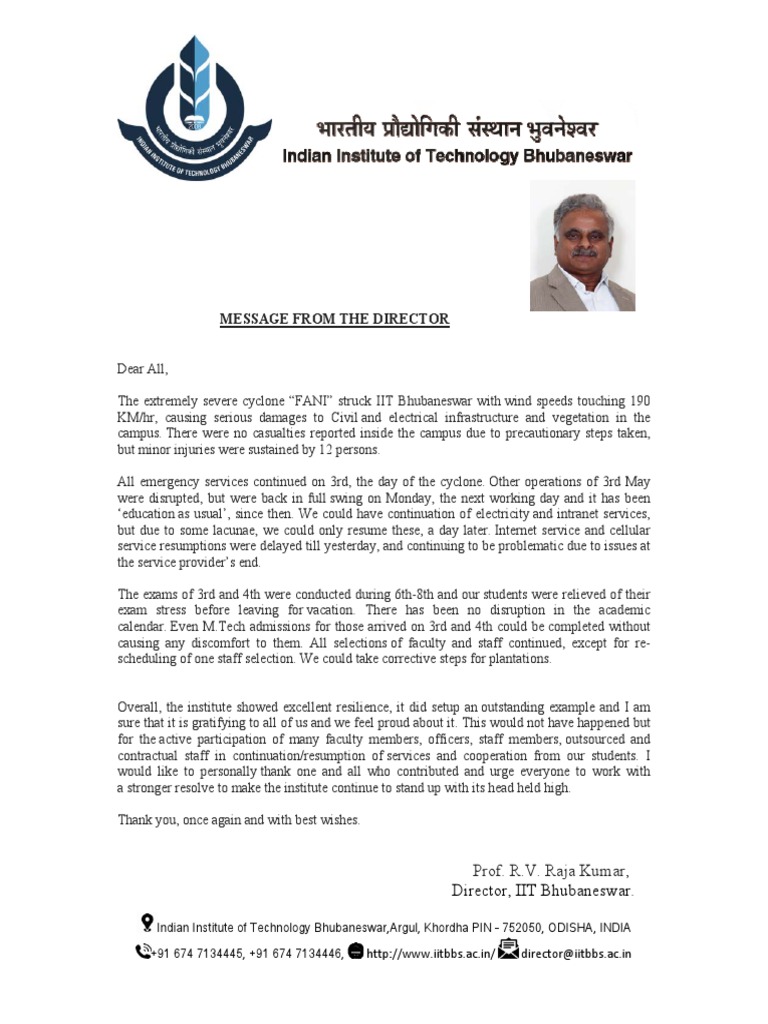 Message From The Director: Prof. R.V. Raja Kumar | PDF