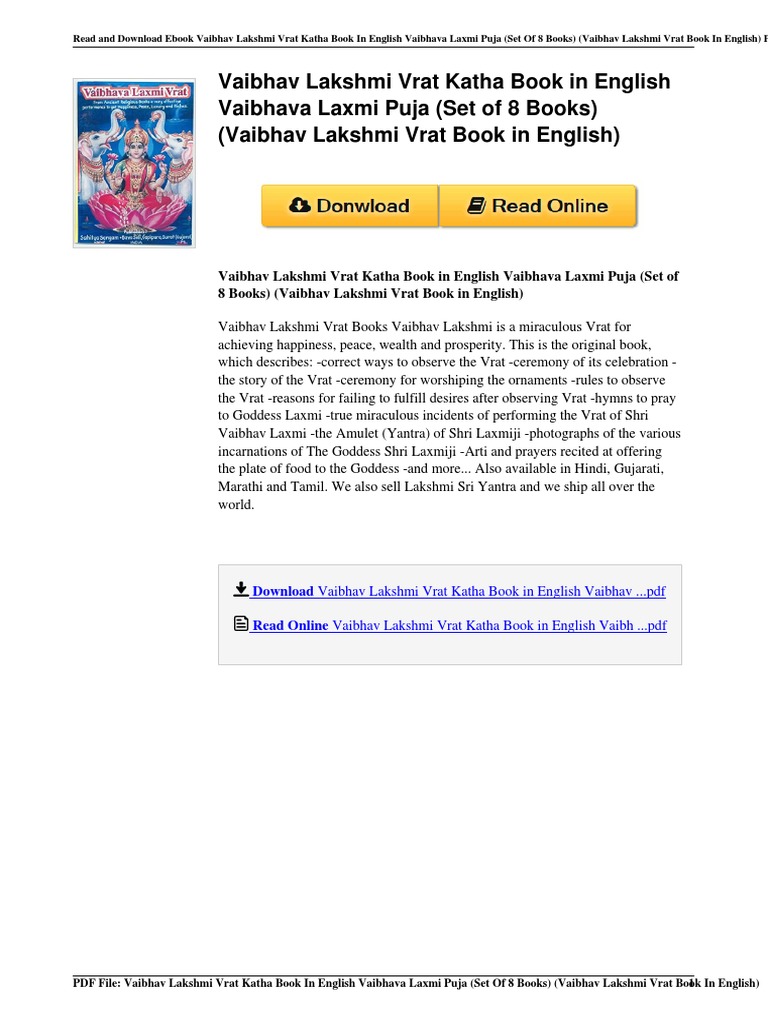 Vaibhav Lakshmi Vrat Katha Book in English Vaibhava Laxmi Puja Set of 8 ...