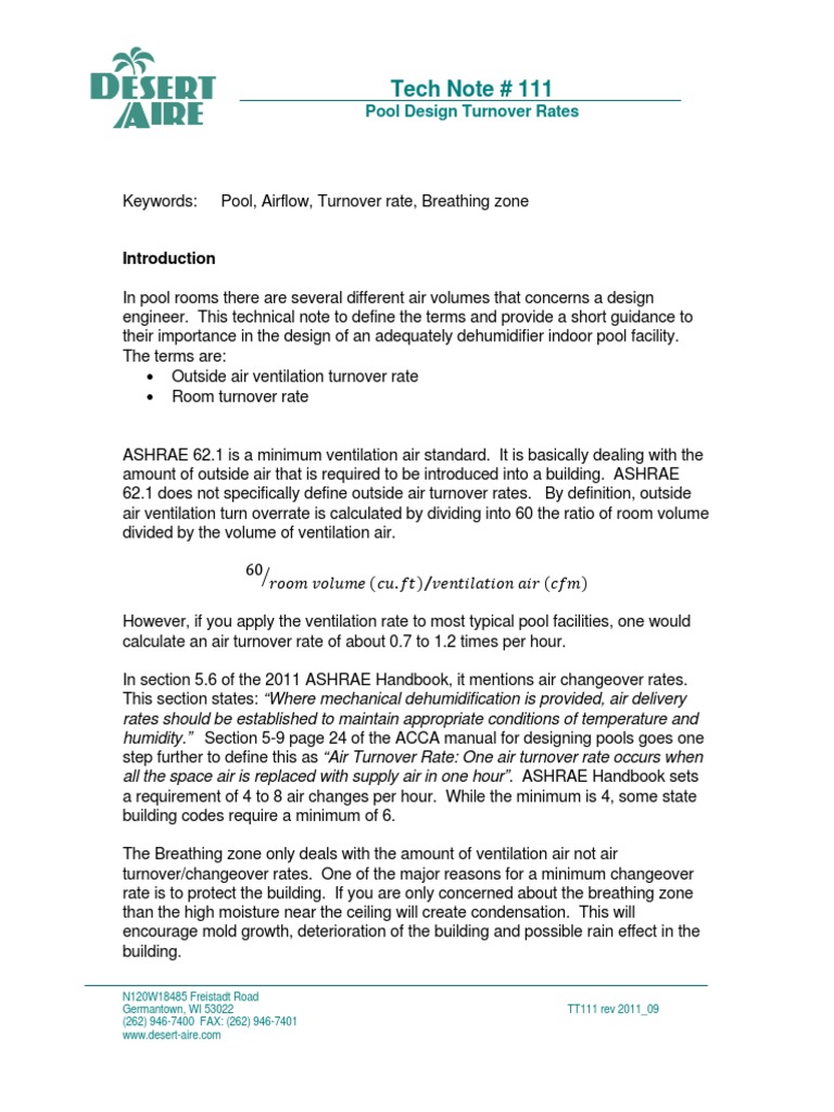 Tech Note # 111: Pool Design Turnover Rates | PDF | Ventilation ...