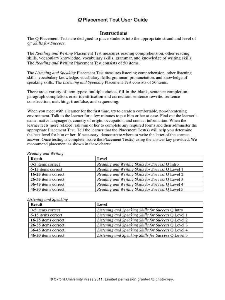 Q Test Placement Test User Guide PDF | PDF | Reading Comprehension ...