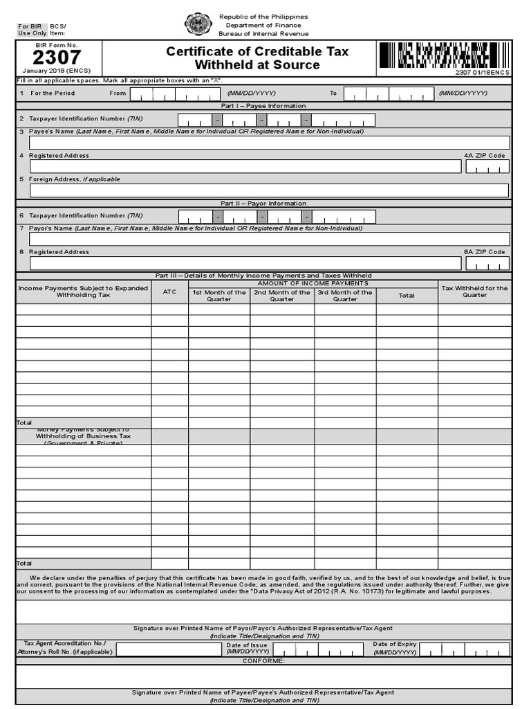 2307 Jan 2018 ENCS v3 | PDF | Withholding Tax | Corporate Tax