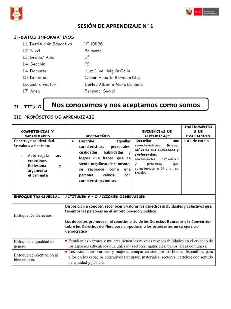 SESIÓN DE APRENDIZAJE N° 1 PS Nos conocemos y nos aceptamos como somos | Salón de clases ...