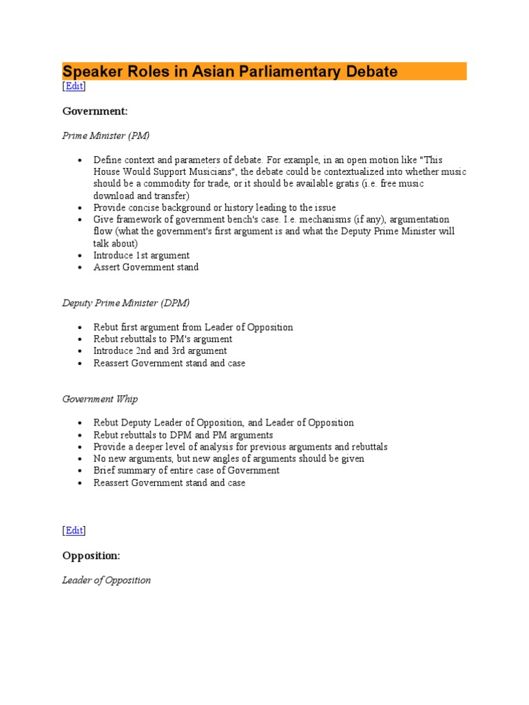 Speaker Roles in Asian Parliamentary Debate | PDF | Political ...