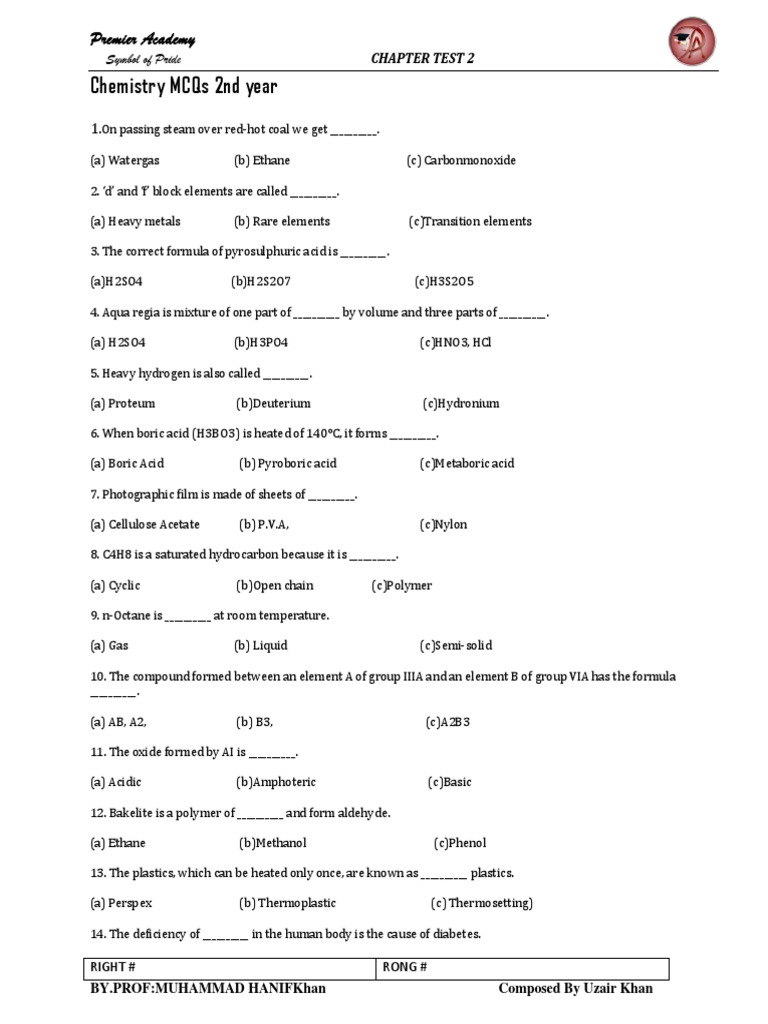 Chemistry MCQs 2nd Year. TEST | PDF | Hydride | Hydrogen