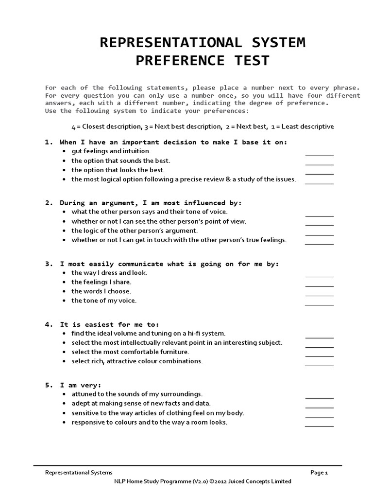 Representational System Preference Test: 1. When I Have An Important ...
