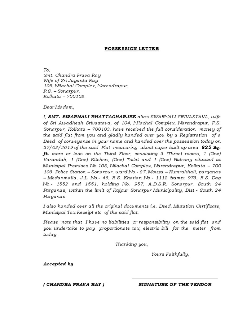 Possession Letter: Ft. More or Less On The Third Floor, Consisting 3 ...