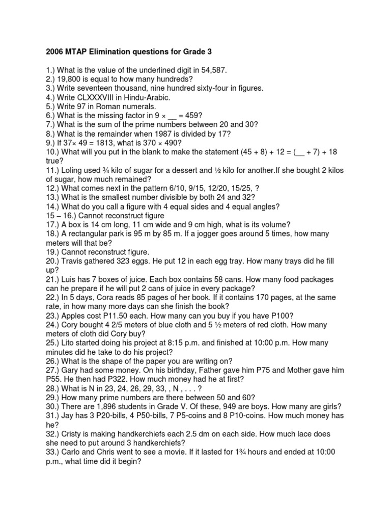 2006 and 2007 MTAP Elimination Questions For Grade 3 | PDF | Teaching ...