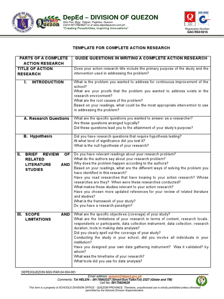 Template For Complete Action Research DEPEDQUEZON SGO PAR 04 004 001 5 ...