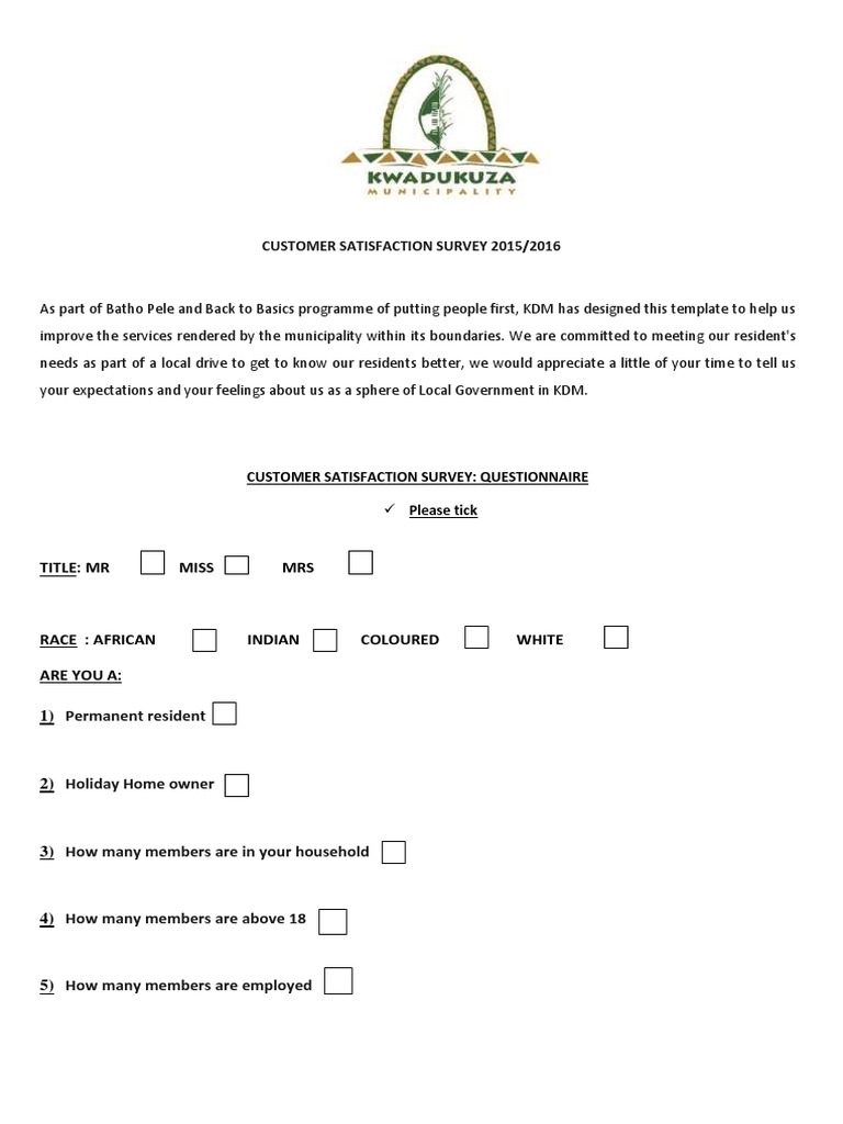 Customer Satisfaction Survey Questionnaire | PDF | Government | Business