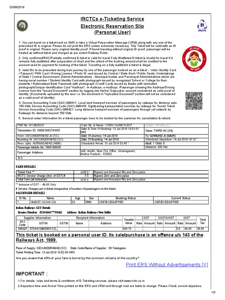 Irctcs E-Ticketing Service Electronic Reservation Slip (Personal User) | PDF | Identity Document ...