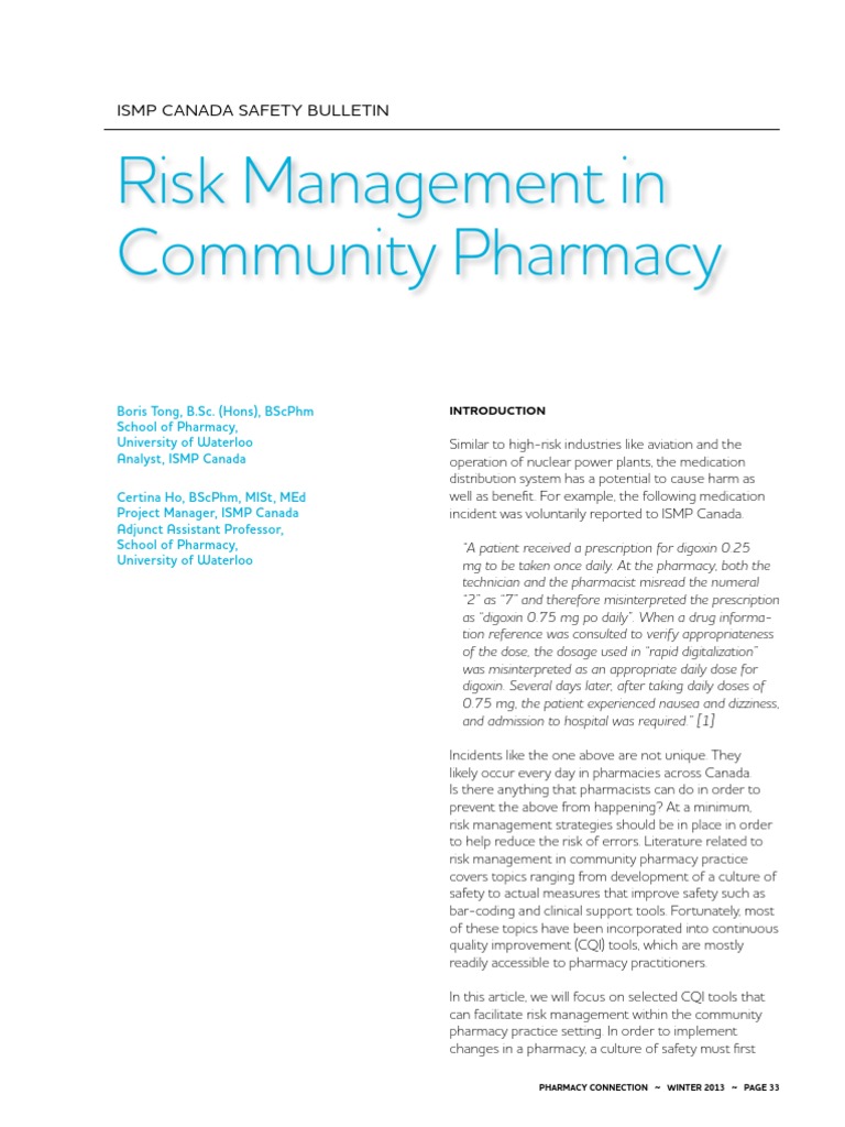 Risk Management in Community Pharmacy: Ismp Canada Safety Bulletin ...