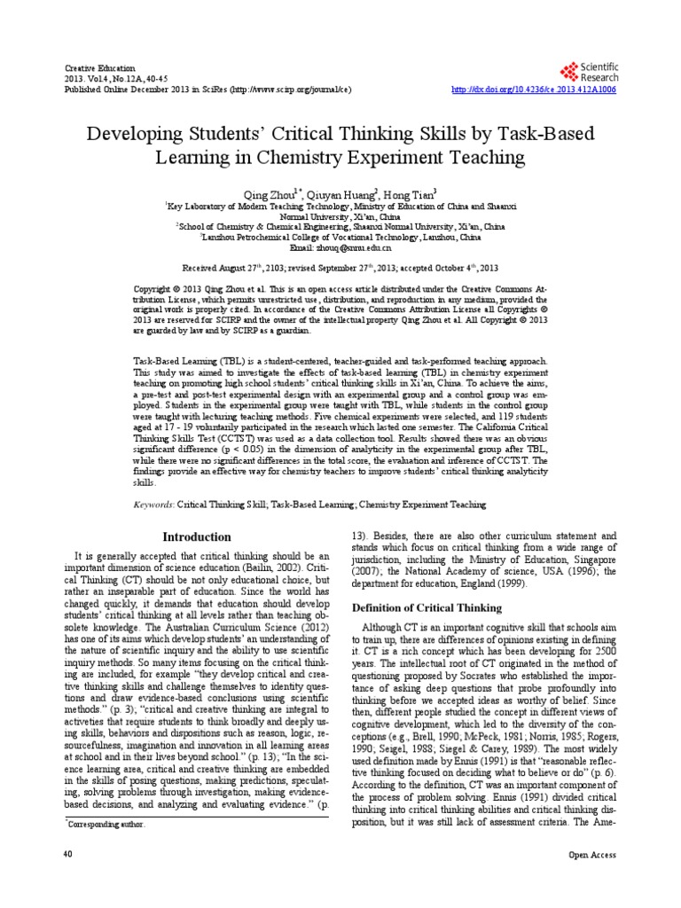 Developing Students' Critical Thinking Skills by Task-Based Learning in ...