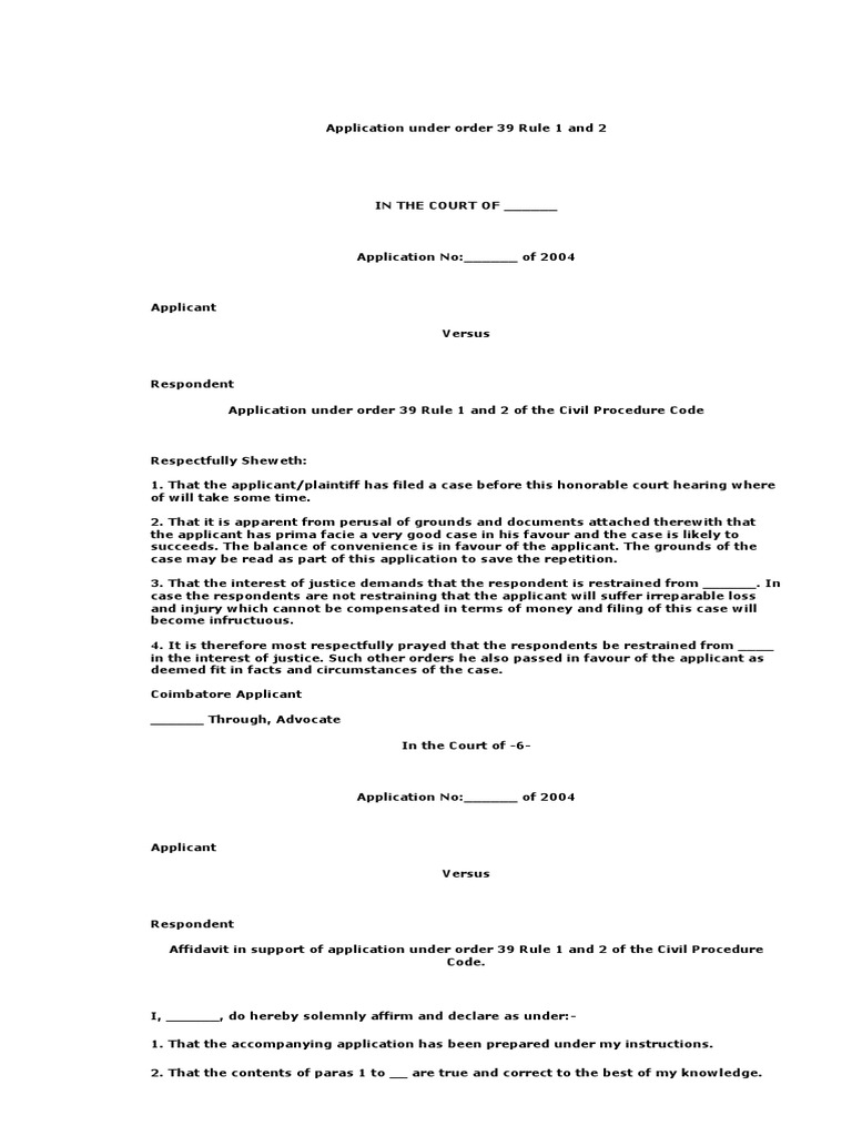 Application Under CPC Order 39 Rules 1 & 2 | PDF