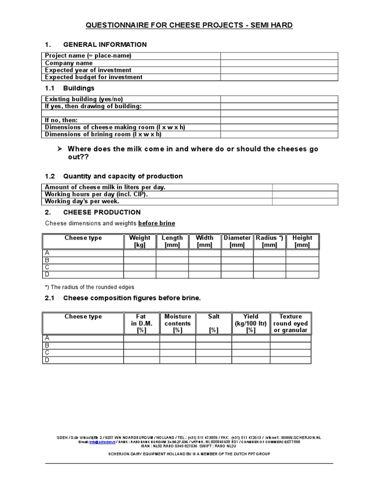 Questionnaire For Cheese Projects - Semi Hard: 1. General Information ...