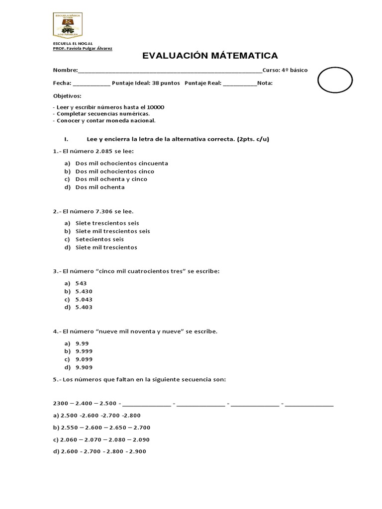 1 Prueba Números Hasta 10000 | PDF