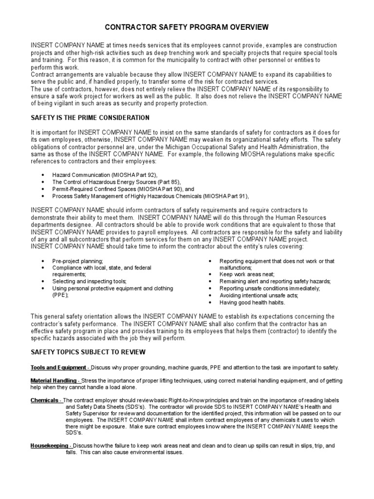 Contractor Safety Program | PDF | Employment | Occupational Safety And ...
