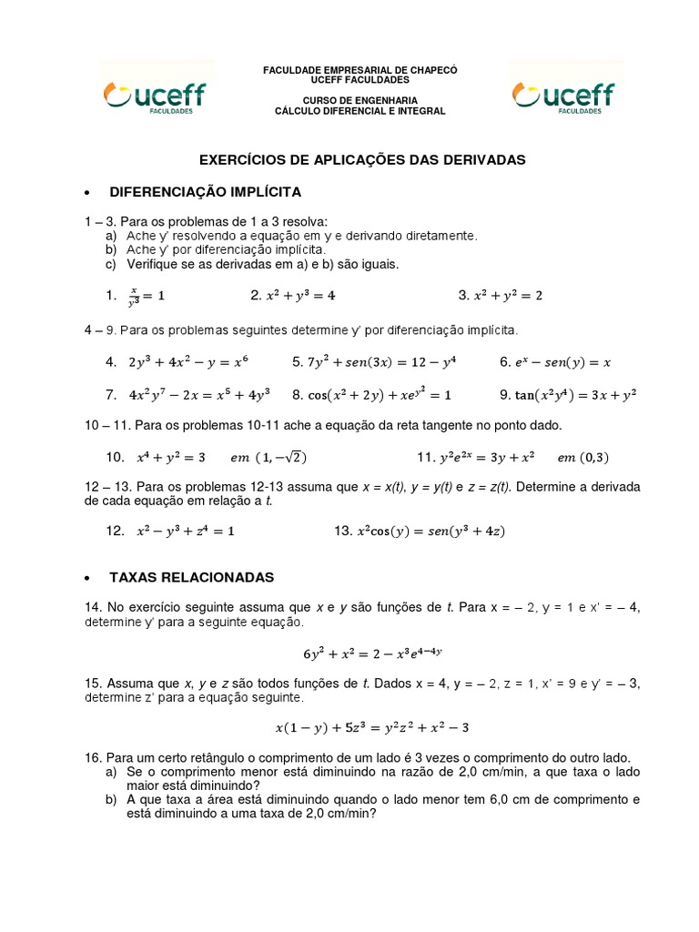 Exercicios Aplicacoes Das Derivadas | PDF | Derivado | Função (Matemática)