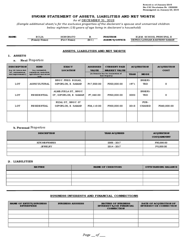 2018 Saln Additional Sheet | PDF | Economies | Government