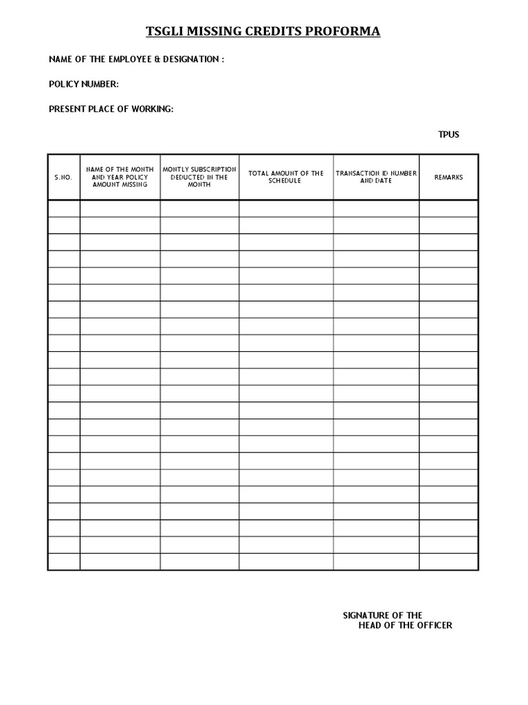 TSGLI Missing Credits Proforma | PDF | Payments | Business