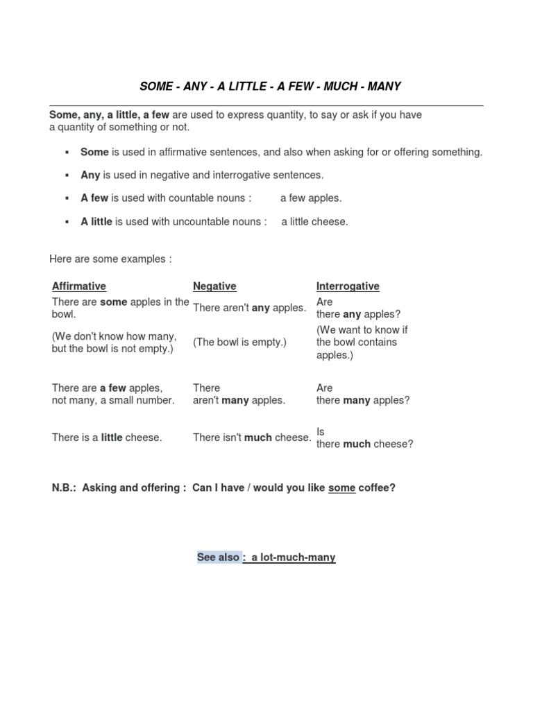 Some - Any - A Little - A Few - Much - Many | Download Free PDF ...