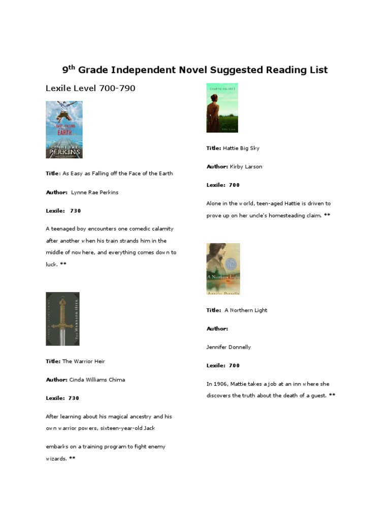9 Grade Independent Novel Suggested Reading List: Lexile Level 700-790 ...