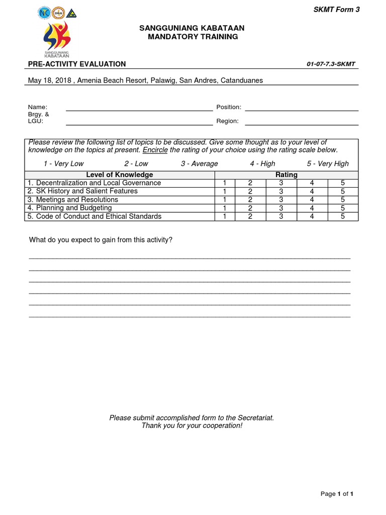 SKMT Pre-Activity Evaluation Form | PDF
