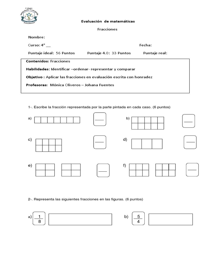 Prueba Fracciones 4° | PDF | Fracción (Matemáticas) | Enseñanza de ...