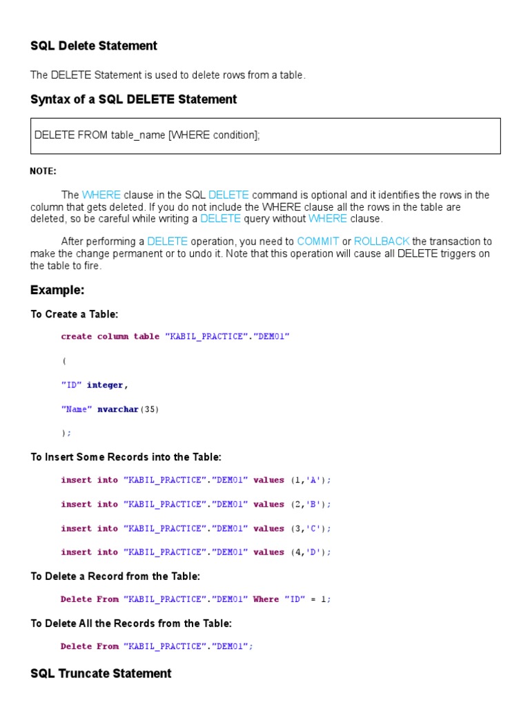 SAP HANA - Difference Between TRUNCATE, DeLETE and DROP Commands | PDF ...