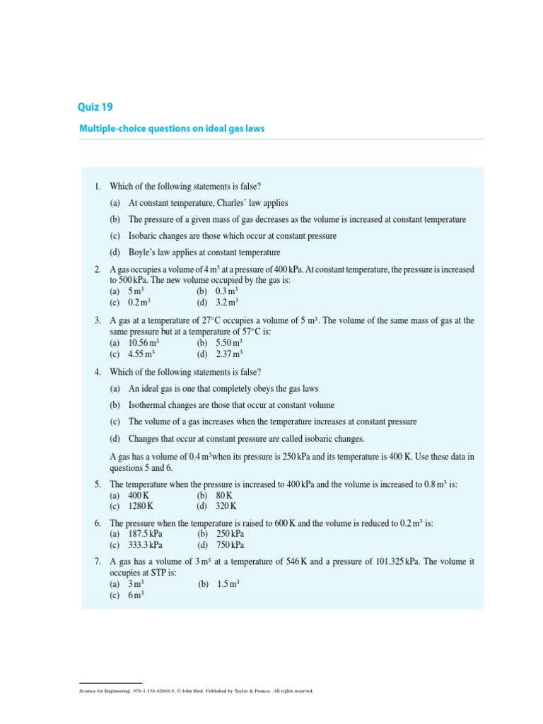 Quiz 19: Multiple-Choice Questions On Ideal Gas Laws | PDF | Gases ...