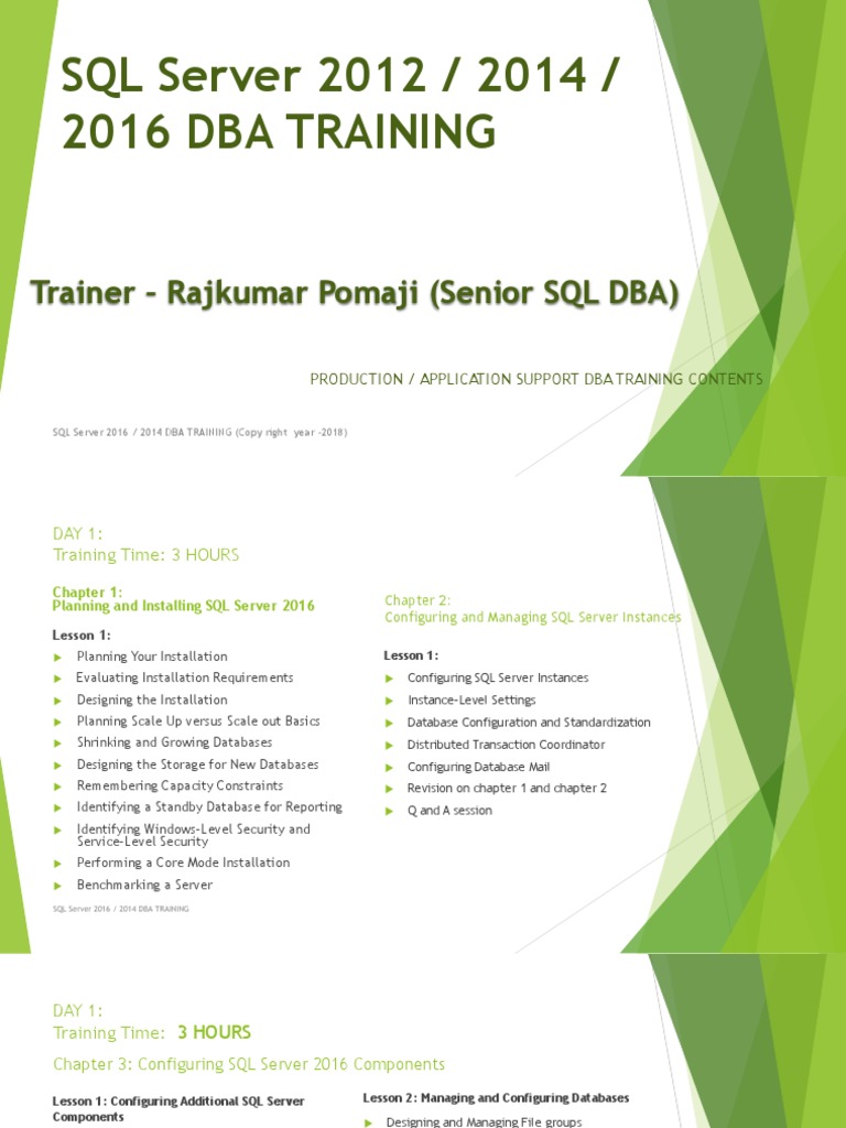 Ms Sql Server 2016 Training Dba 2018 Contents Pdf Microsoft Sql Server Database Index