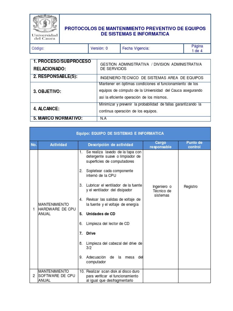 Protocolos De Mantenimiento Preventivo De Equipos De Sistemas E Informatica | Hardware de la ...