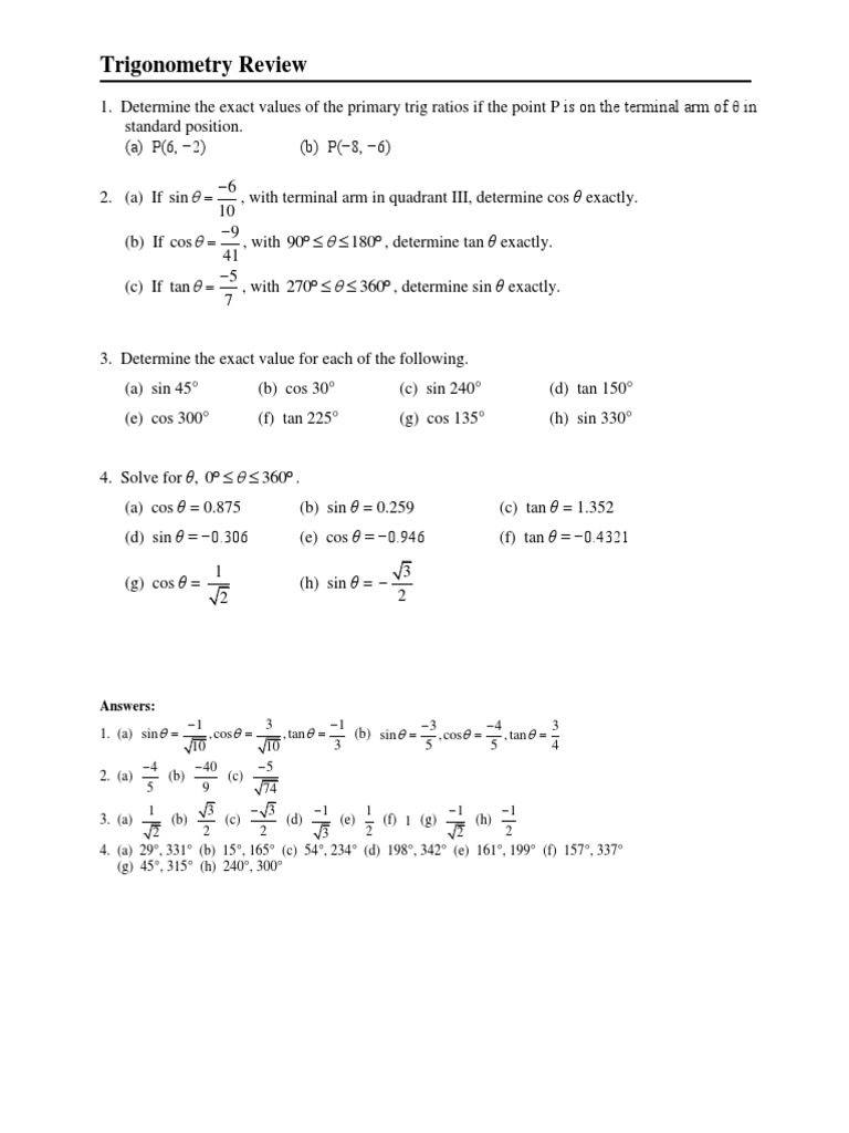 Gr 11 Trig Review | Sine | Trigonometric Functions