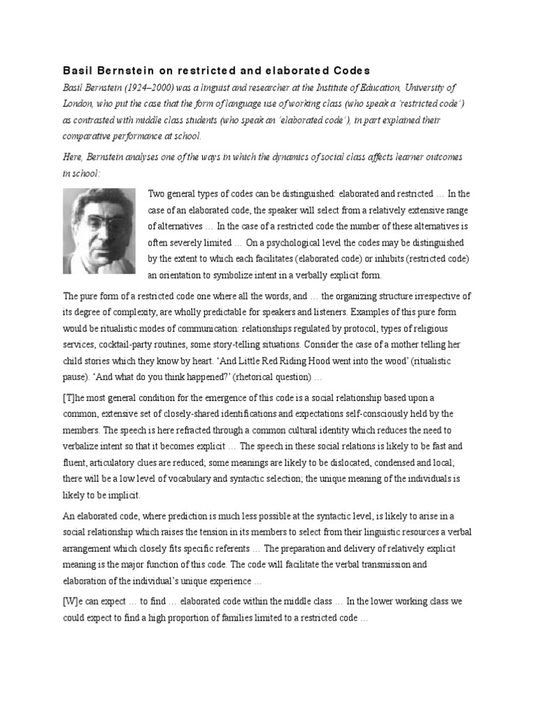 Basil Bernstein On Restricted and Elaborated Codes PDF | PDF | Behavior ...