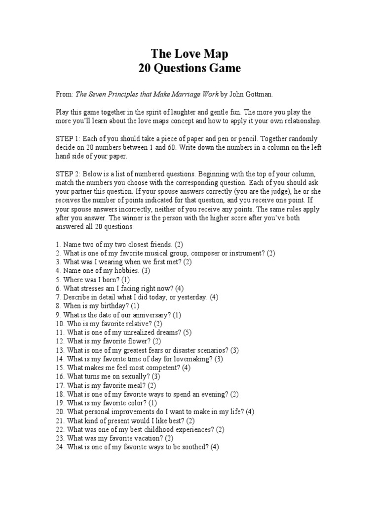 The Love Map 20 Questions Game | PDF