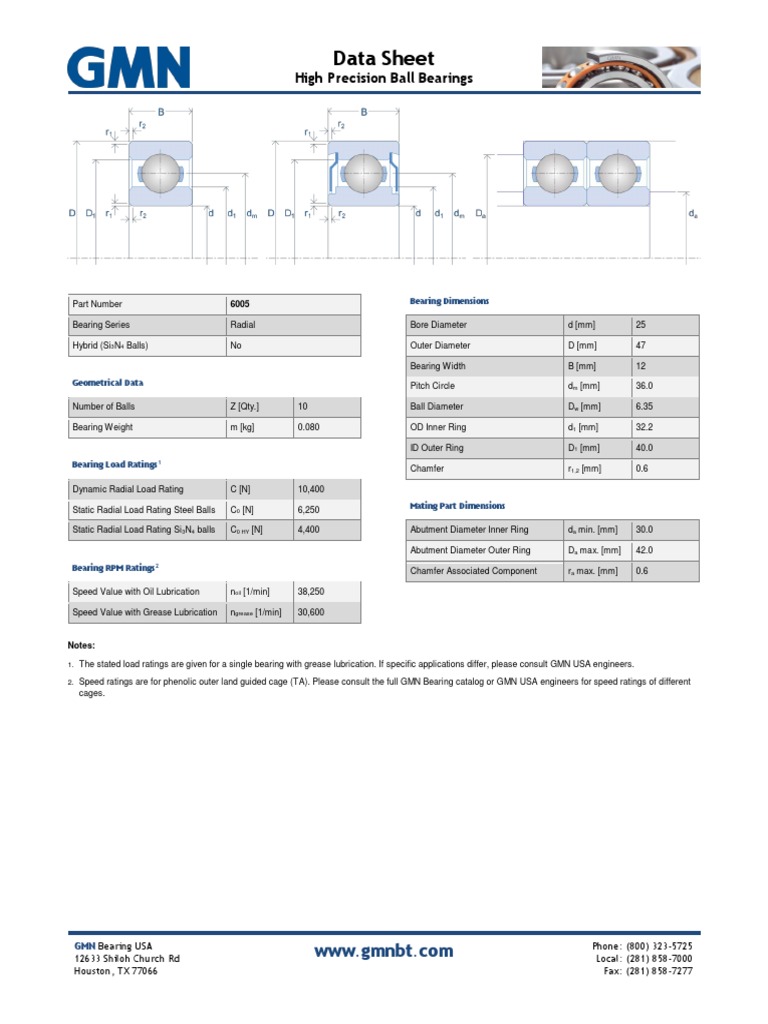 Data Sheet For 6005 | PDF | Bearing (Mechanical) | Machines