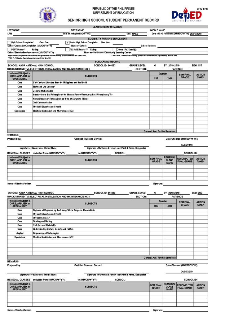 Senior High School Student Permanent Record: Republic of The ...