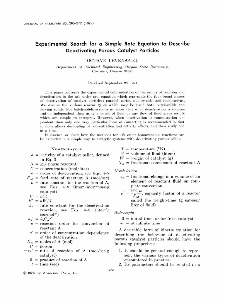 Rate Equation for Deactivating Catalysts | PDF | Reaction Rate ...