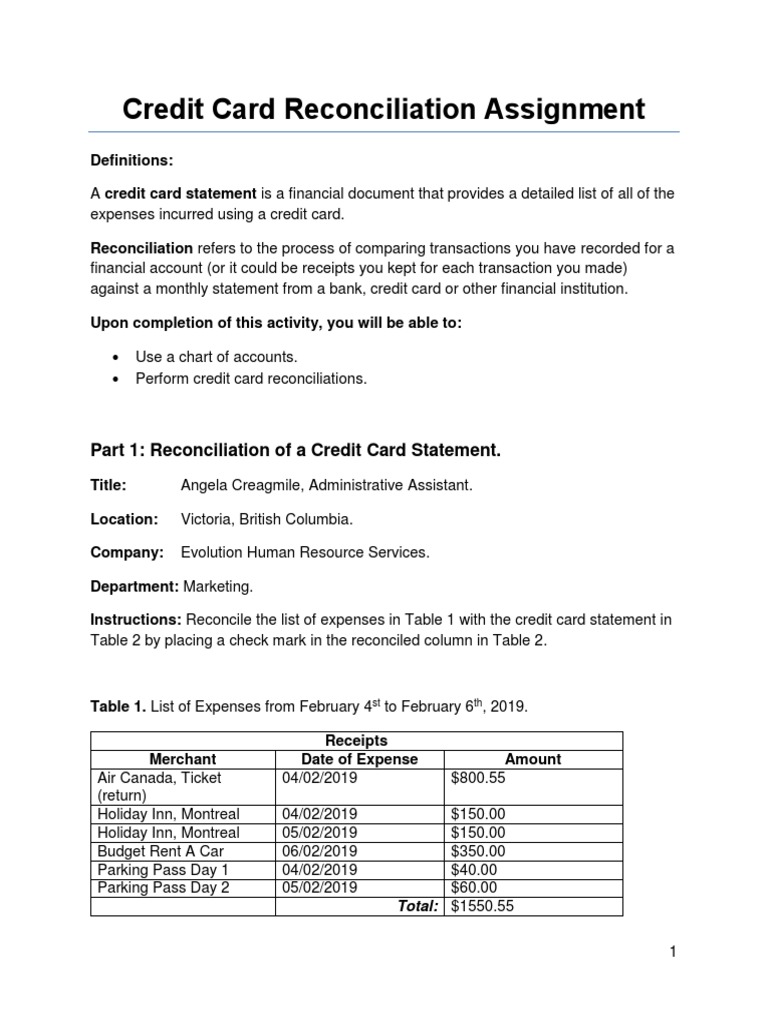 Assignment 4 - Credit Card Reconciliation - Angela Creagmile | PDF ...