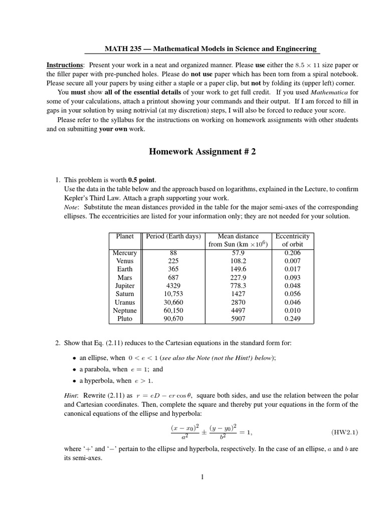 Homework Assignment # 2: MATH 235 - Mathematical Models in Science and ...
