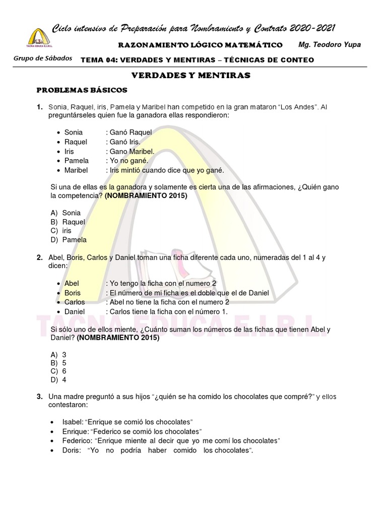 Verdades y Mentiras en Razonamiento Matemático | PDF | Verdad | Deportes
