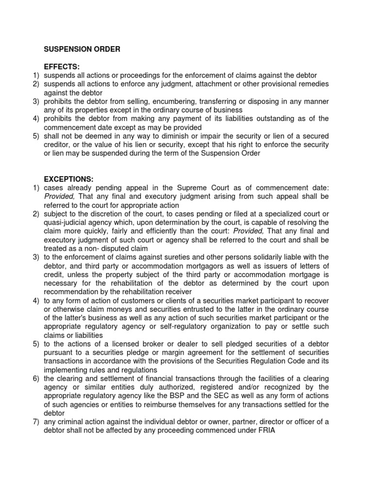 Suspension Order Effects:: Provided, That Any Final and Executory ...
