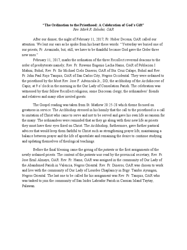 The Ordination To The Priesthood | PDF