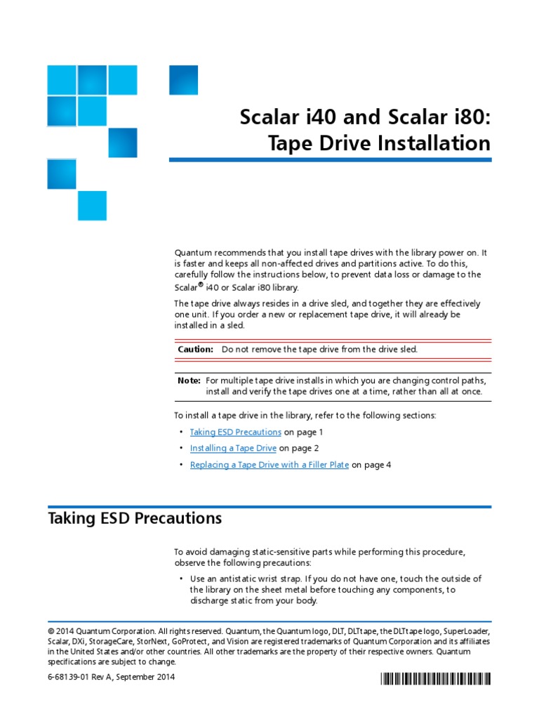 Scalar I40 and Scalar I80: Tape Drive Installation: Taking ESD Precautions | PDF | Computing ...