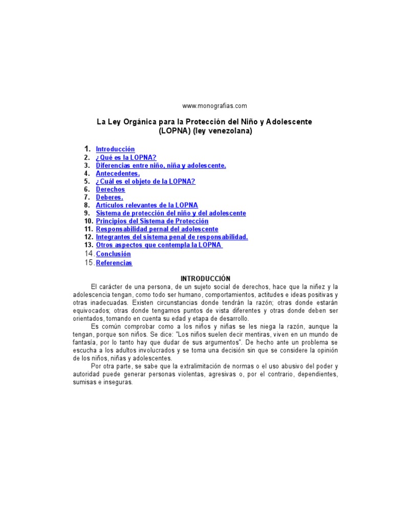 LOPNA: Protección Integral de Niños y Adolescentes | PDF | Convención ...