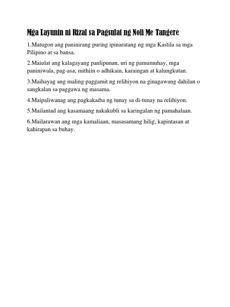 Mga Layunin Ni Rizal Sa Pagsulat NG Noli Me Tangere | PDF